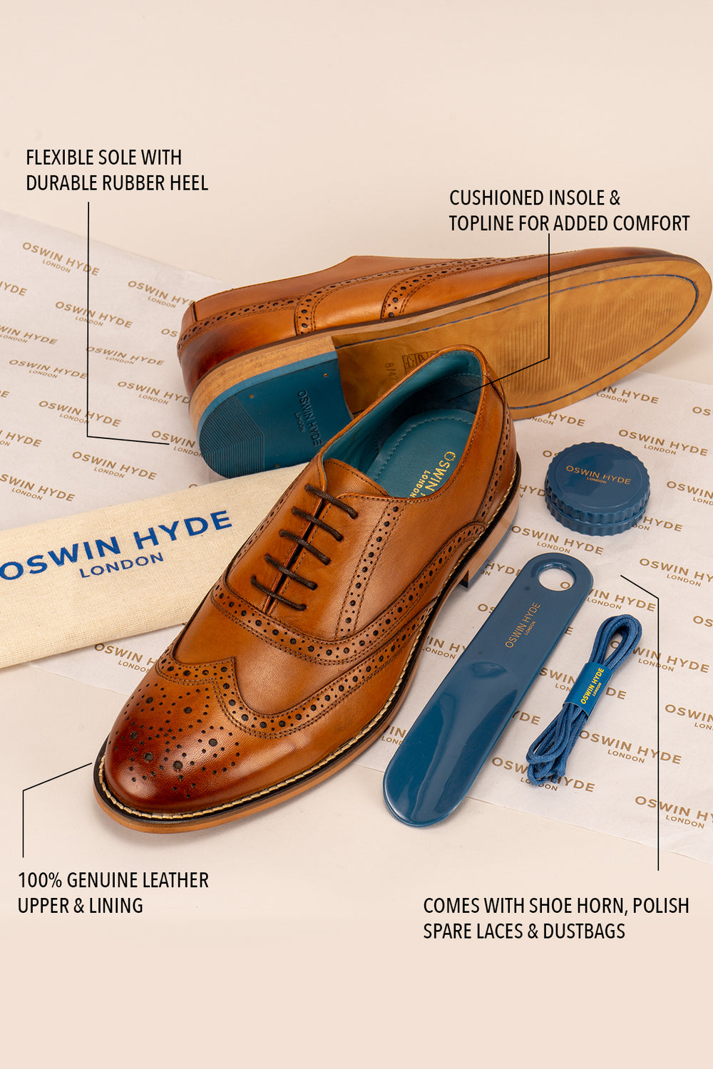 Winston Men’s Tan Shoes | Leather Brogue LaceUps | Oswin Hyde